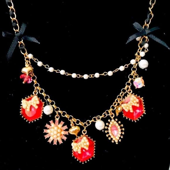Jewelry | New Charming Statement Necklace With Pink Charms Pearls And ...